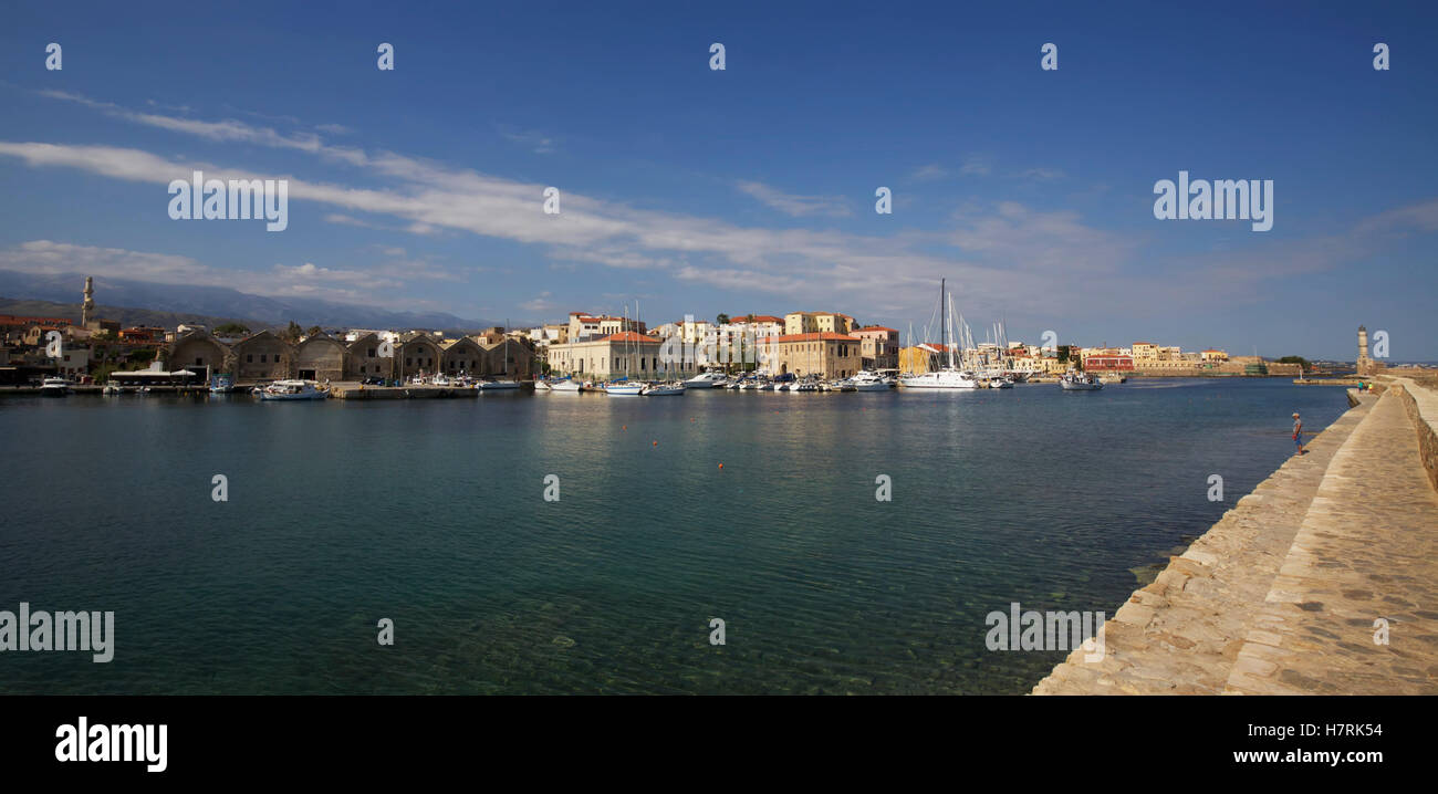 Harbour view with old buildings, lighthouse and harbour wall Stock ...