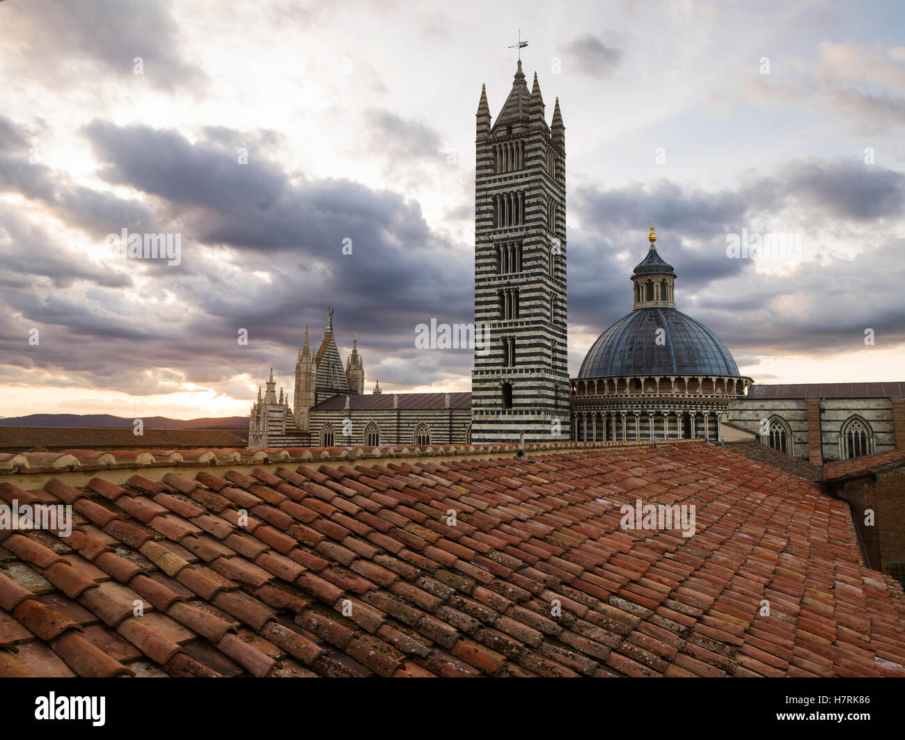 Siena Cathedral's tower with striped facade and dome roof; Siena, Italy ...
