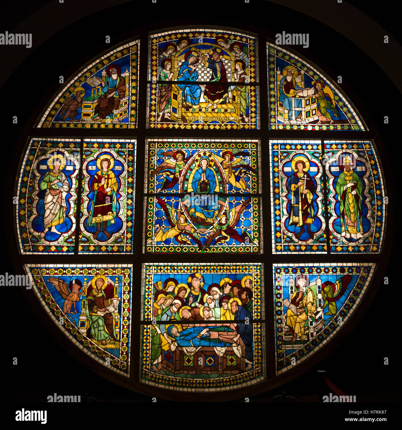 Colourful and ornate circular stained glass window; Siena, Italy Stock ...