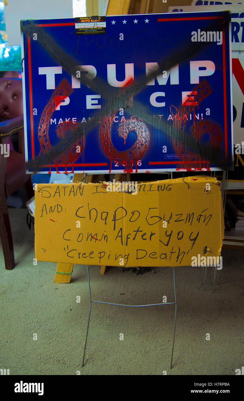 Rockville, USA. 07th Nov, 2016. A Trump campaign sign was vandalized ...