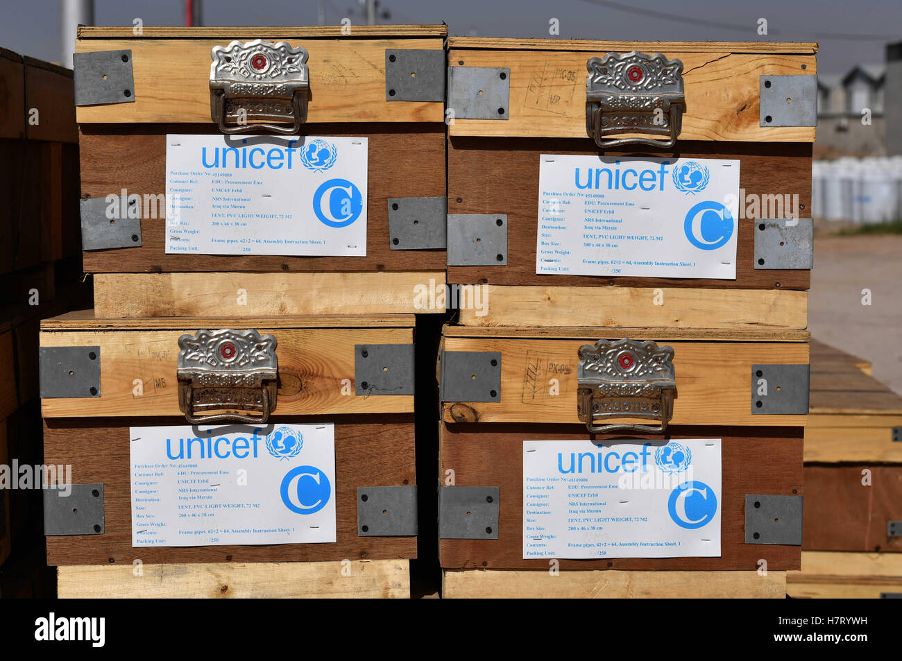 Boxes containing tents in a Unicef warehouse in Erbil, northern Iraq ...