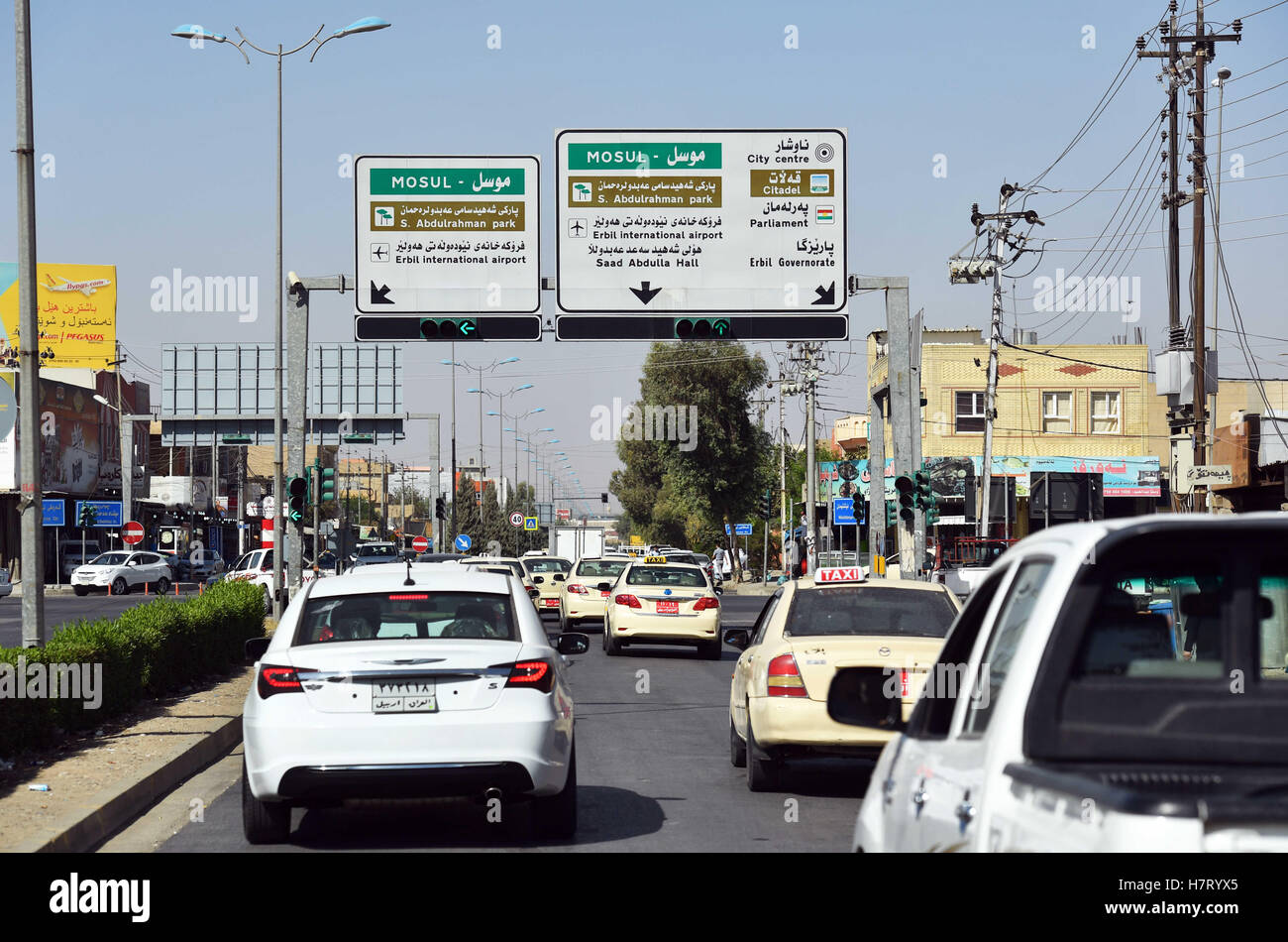 Cars head towards Mosul on a busy highway in Erbil, northern Iraq, 20 ...