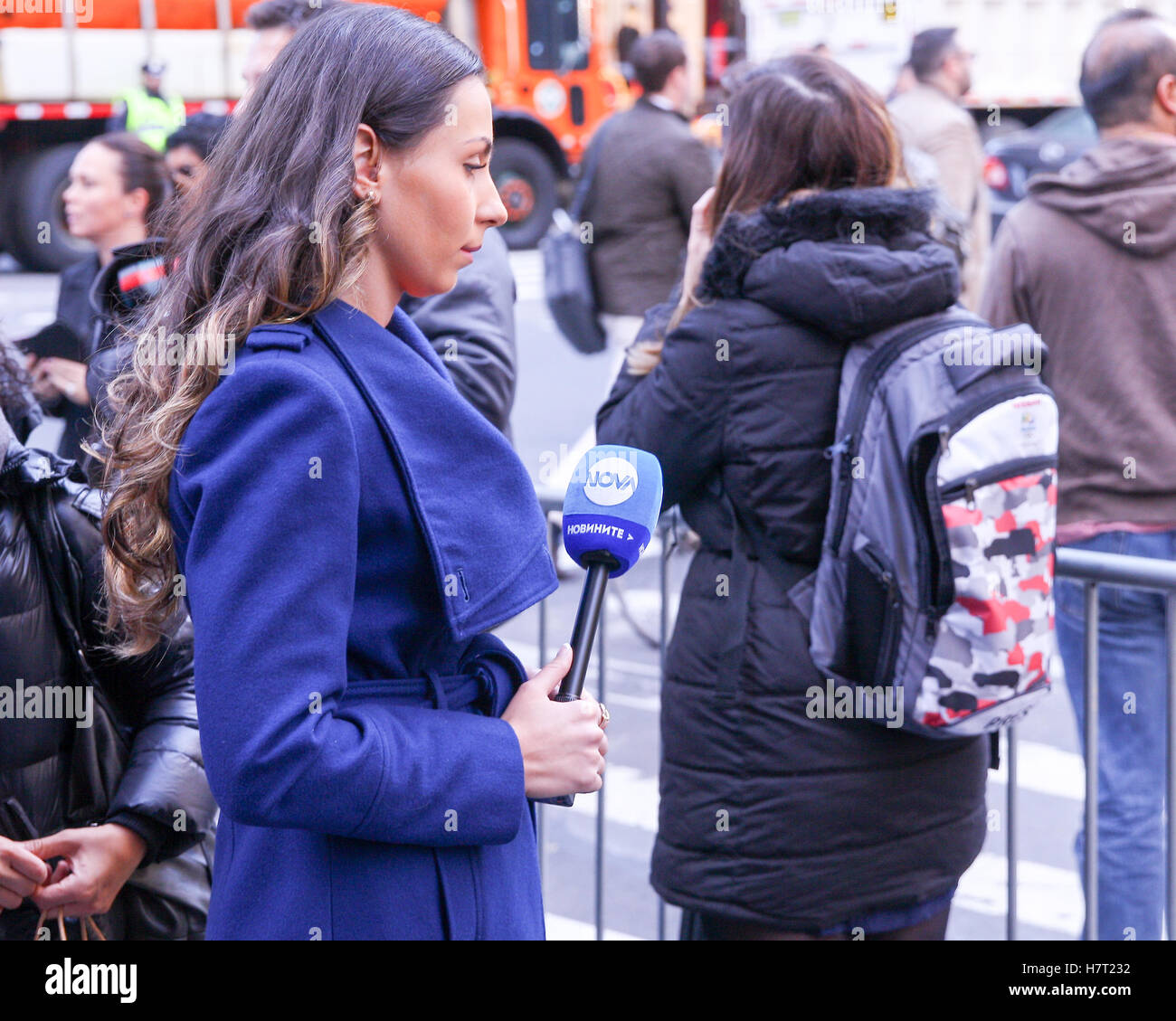 Russian female reporter in front of Trump Tower, New York, NY, Election ...