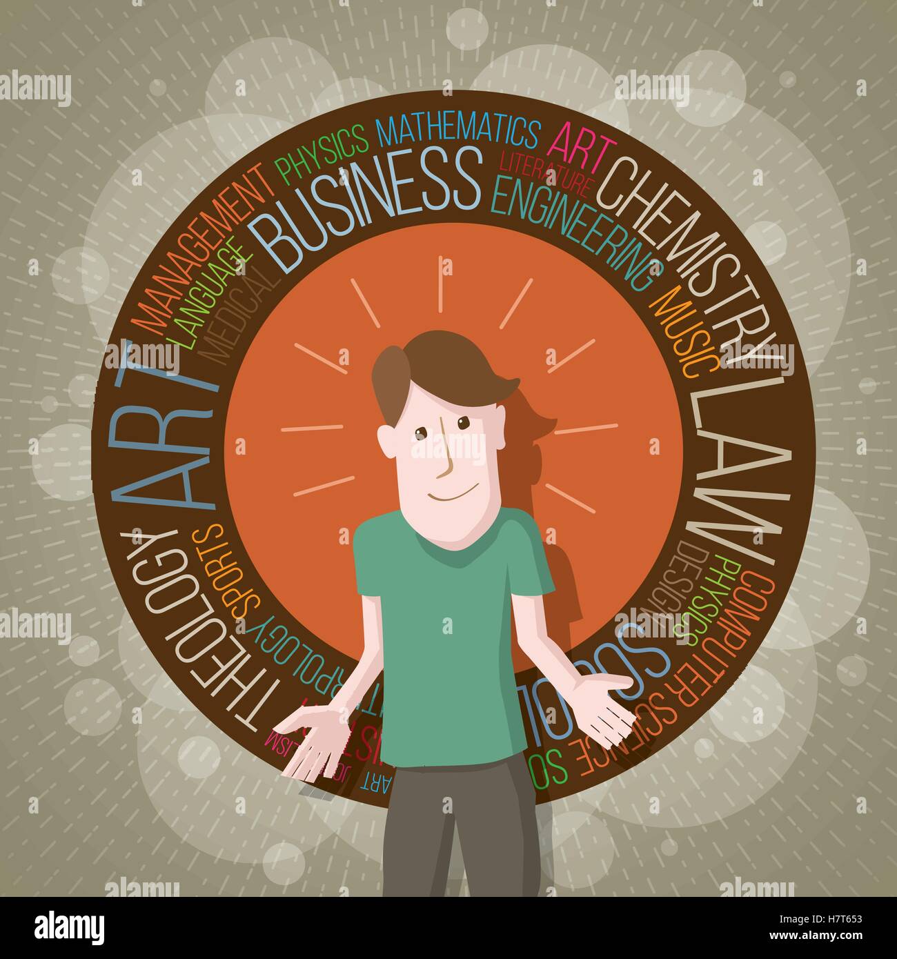 Young male student standing and asking what profession to choose and ...