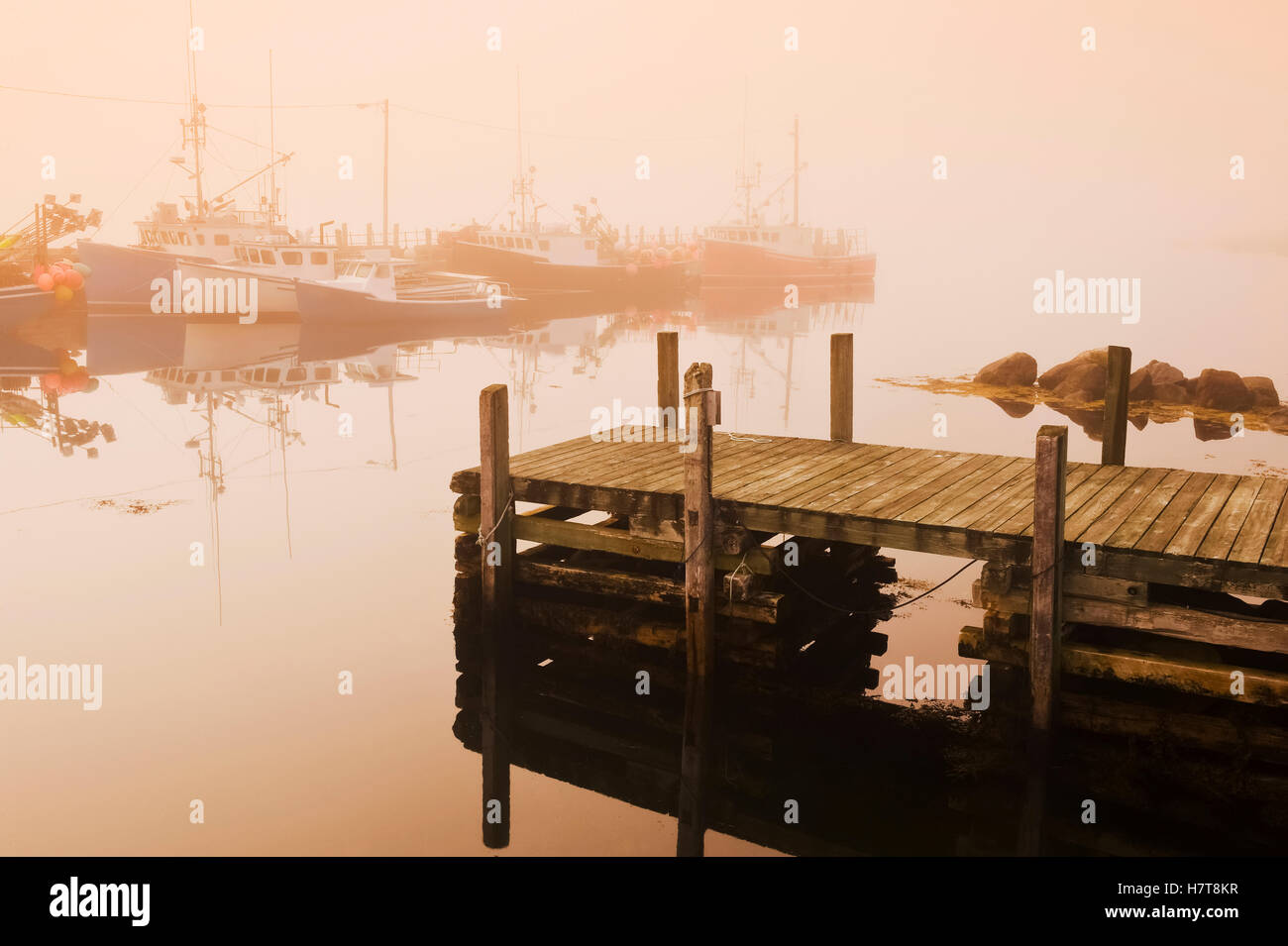 Bear Point Wharf on a foggy morning; Bear Point, Nova Scotia, Canada ...