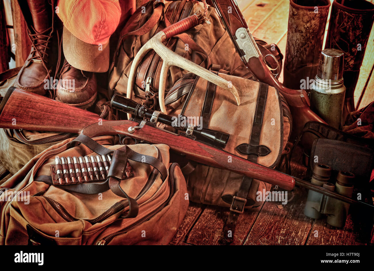 Still Life Of Big Game Hunting Gear Stock Photo - Alamy