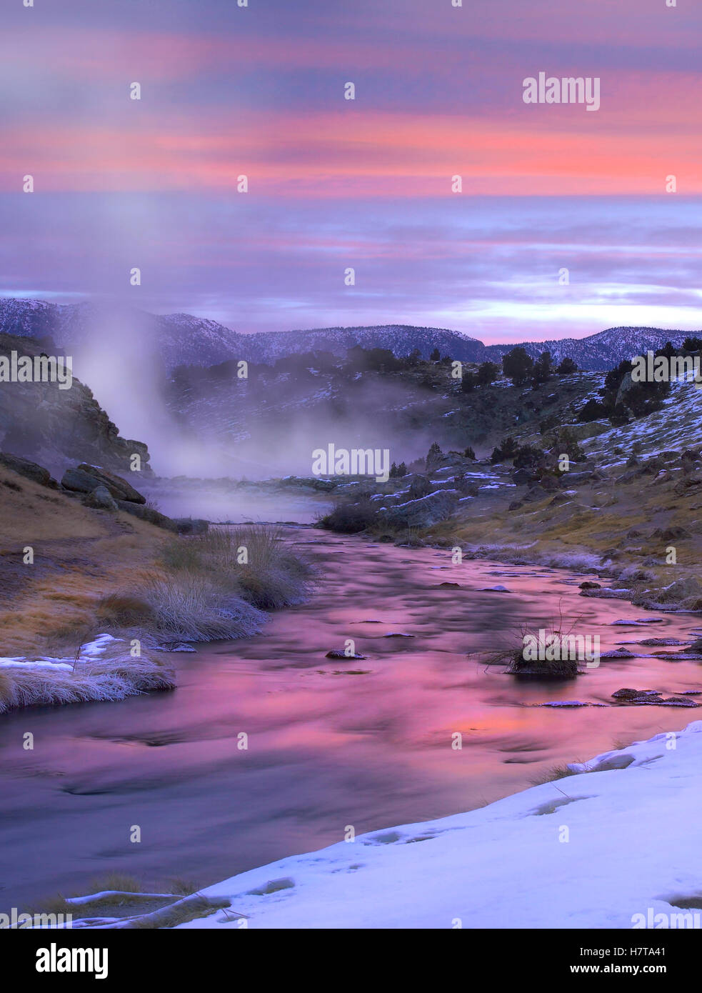 Hot Creek at sunset, natural hot spring in Mammoth Lakes region ...