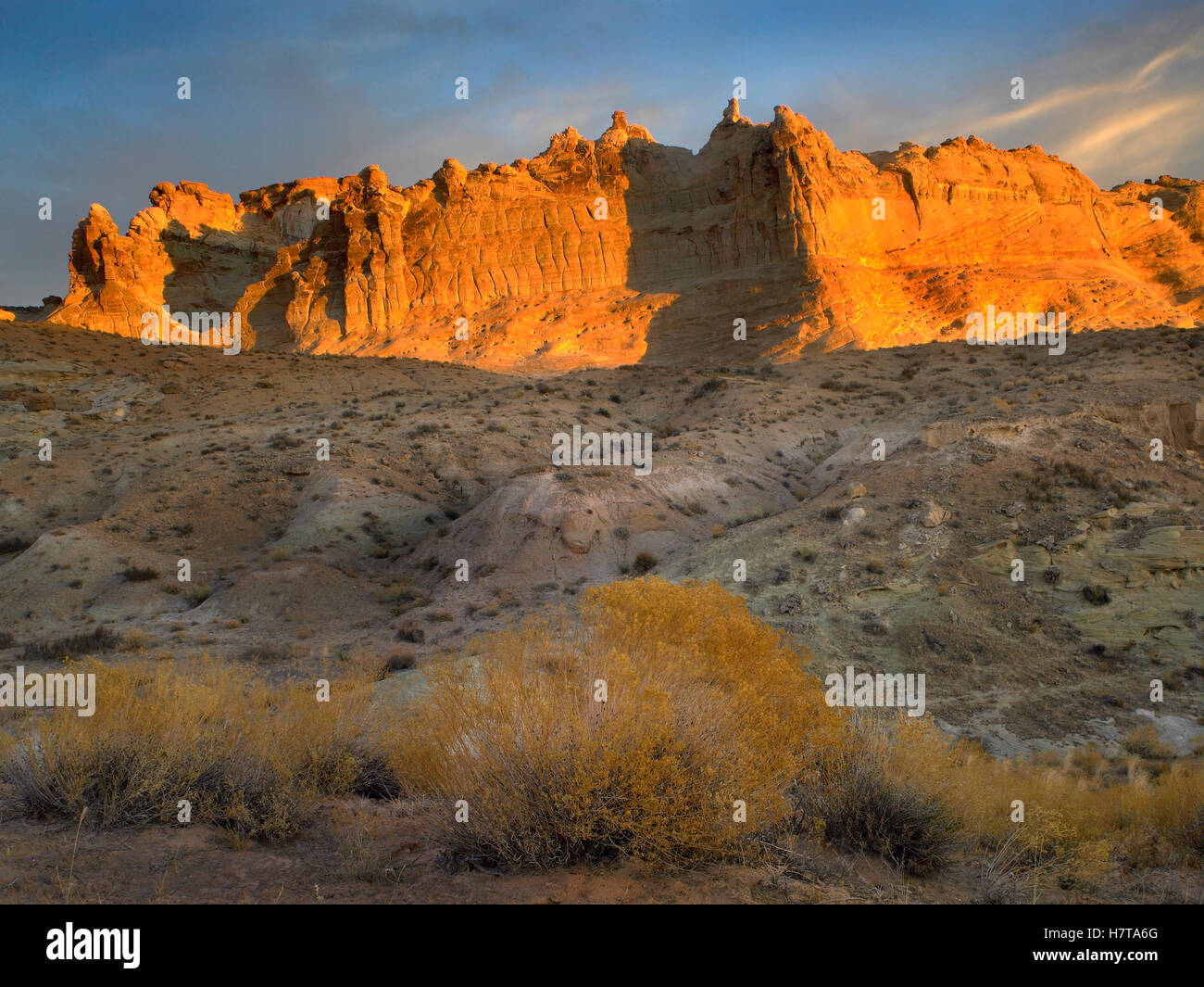 Sandstone formations in Kaiparowits Plateau with desert vegetation ...