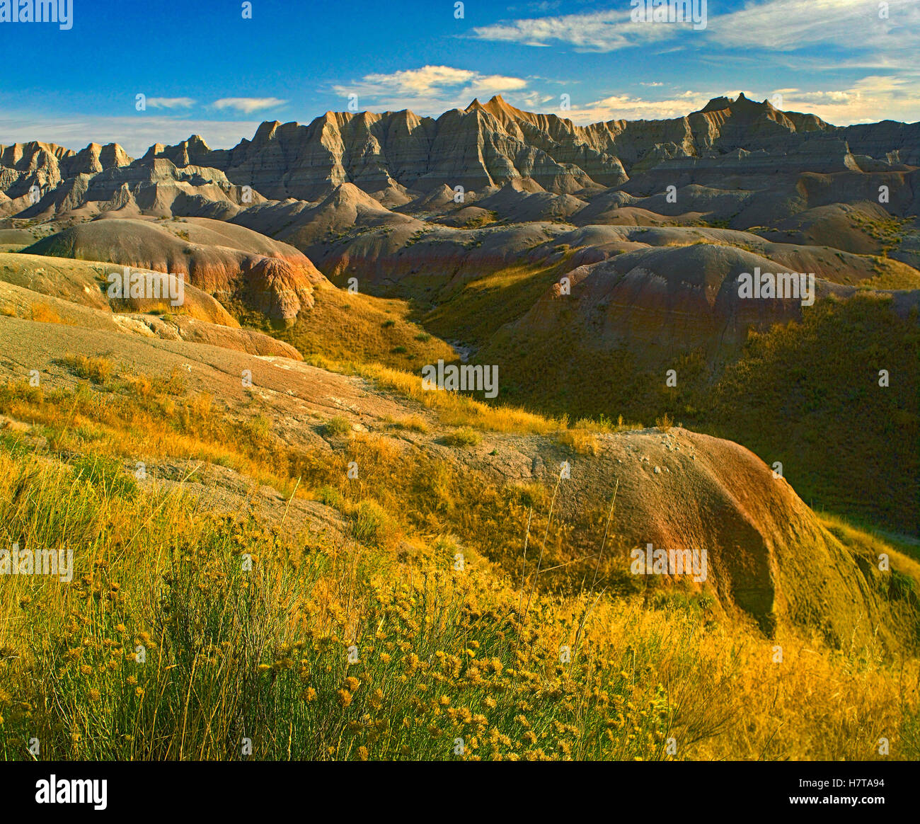 Eroded buttes and prairie in Badlands National Park, South Dakota Stock ...