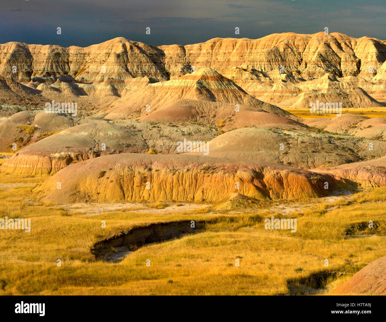 Eroded buttes showing layers of sedimentary rock, Badlands National ...