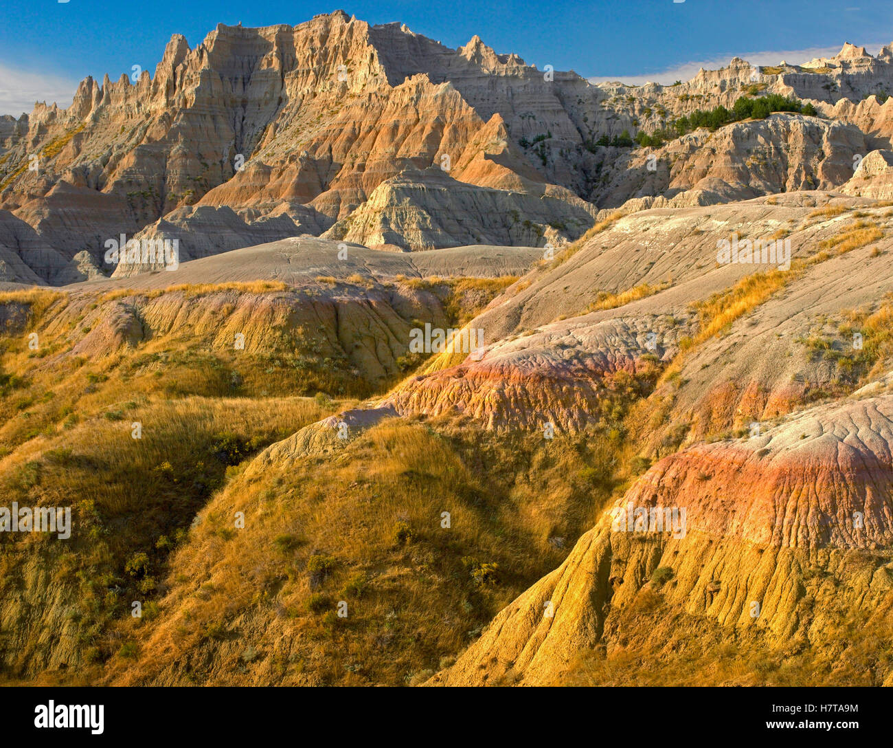 Eroded buttes showing layers of sedimentary rock, Badlands National ...
