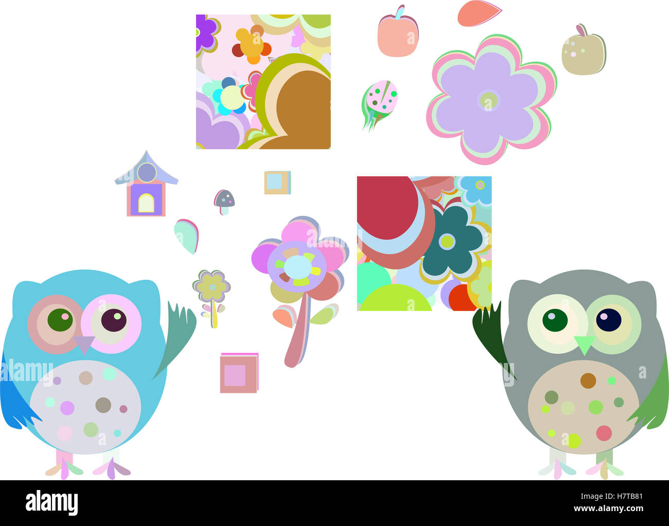 sweet owls and flowers isolated on white Stock Photo - Alamy