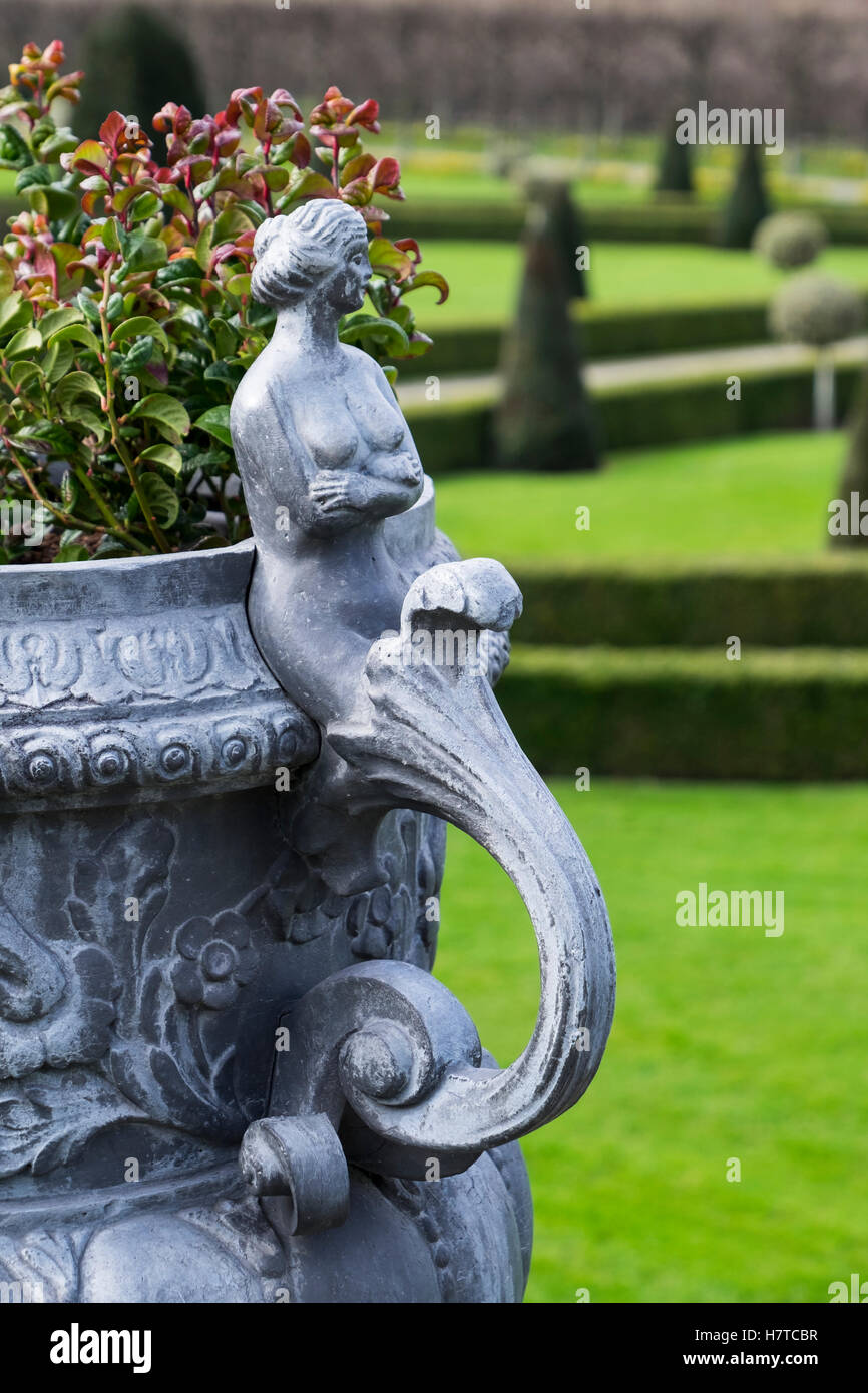 Close up detail of the decorative handle on a planter, gardens of the ...