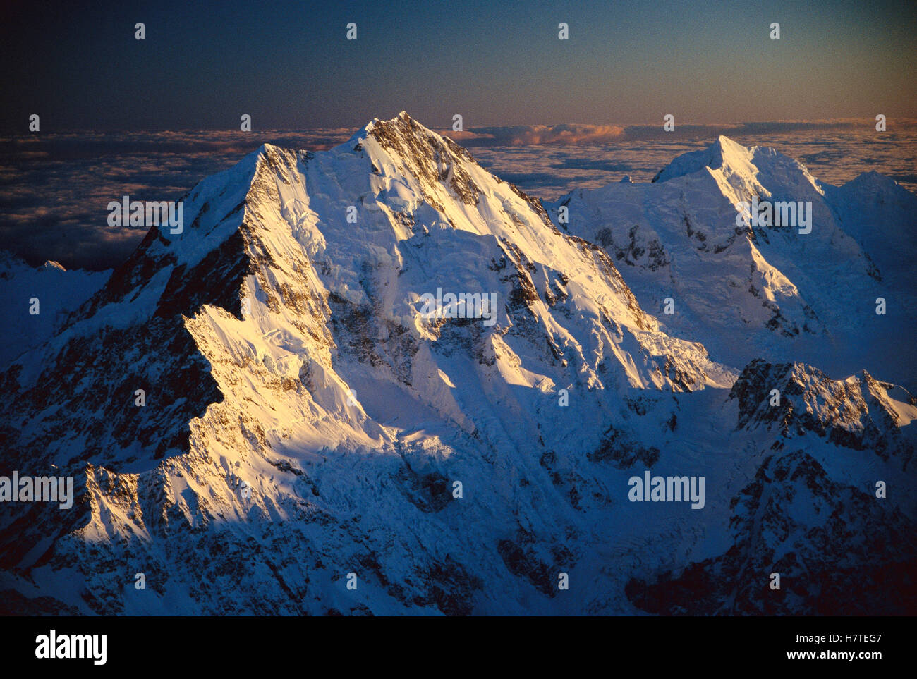 Mt Cook or Aoraki and Mt Tasman, aerial view at dawn of eastern faces ...