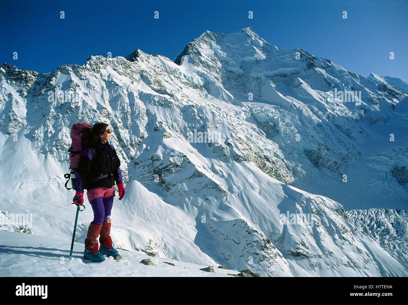 Climber enjoying view of Mt Cook’s Caroline Face from Ball Pass, Mt ...
