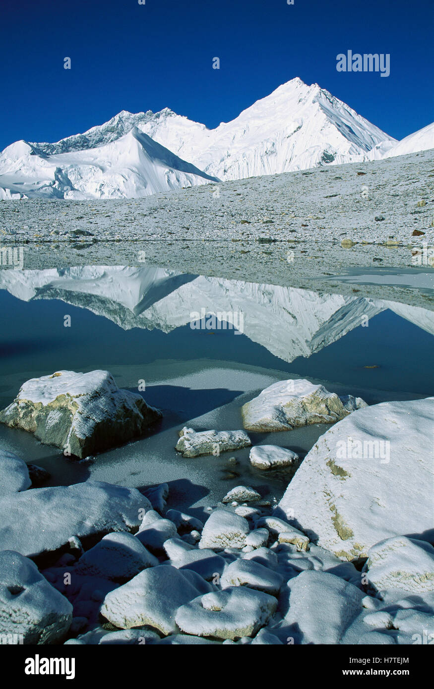Mt Everest reflected in pond at 6,000 meters elevation, Kharta Glacier ...