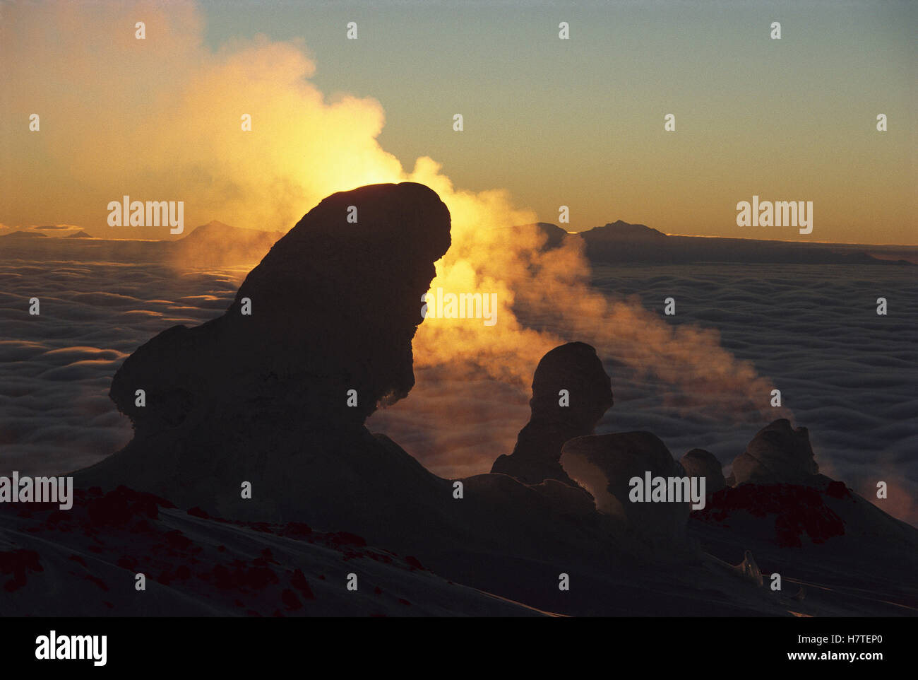 Steaming fumaroles at sunset, Mt Erebus, Ross Island, Antarctica Stock ...