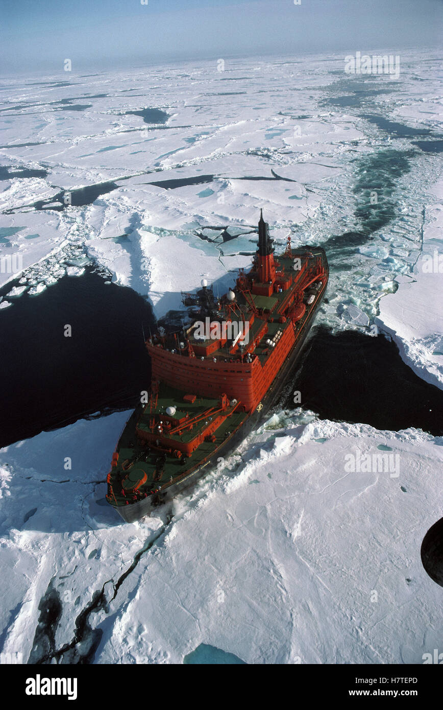 Russian icebreaker Sovietsky Soyuz breaking solid pack ice en route to ...