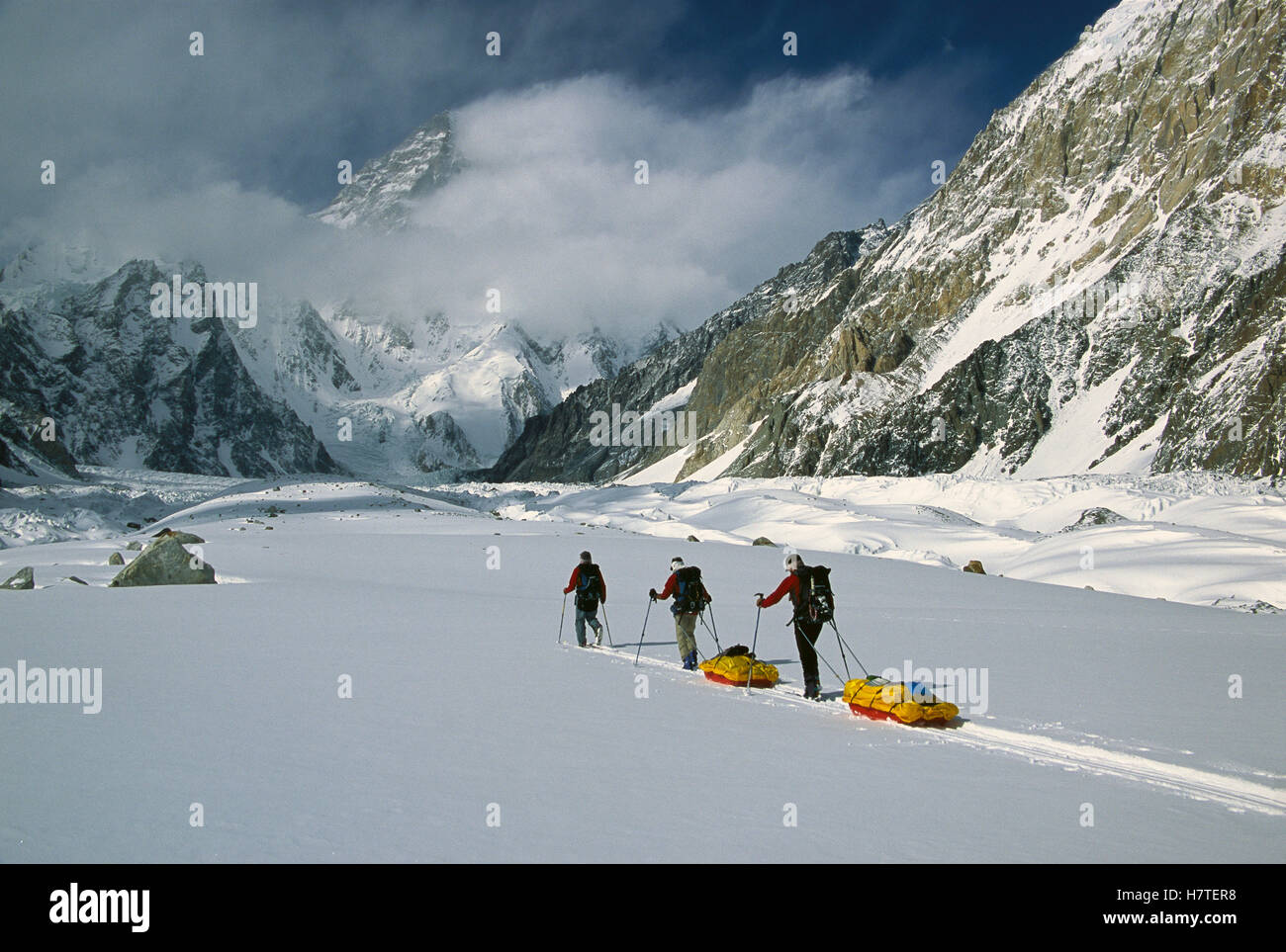 Skiers approaching the base of K2, second highest peak in the world ...