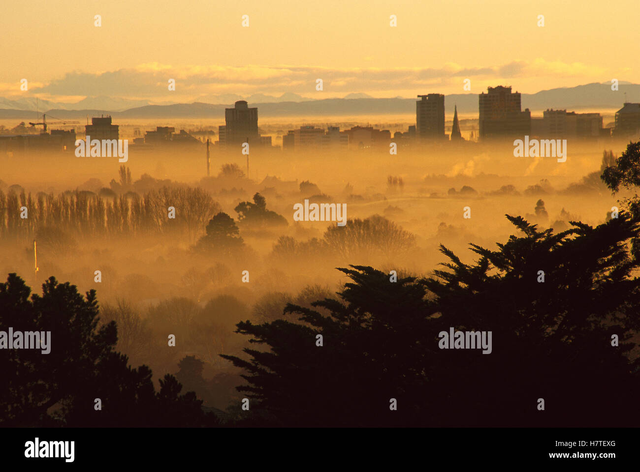 Winter smog over the city of Christchurch caused by an inversion layer ...