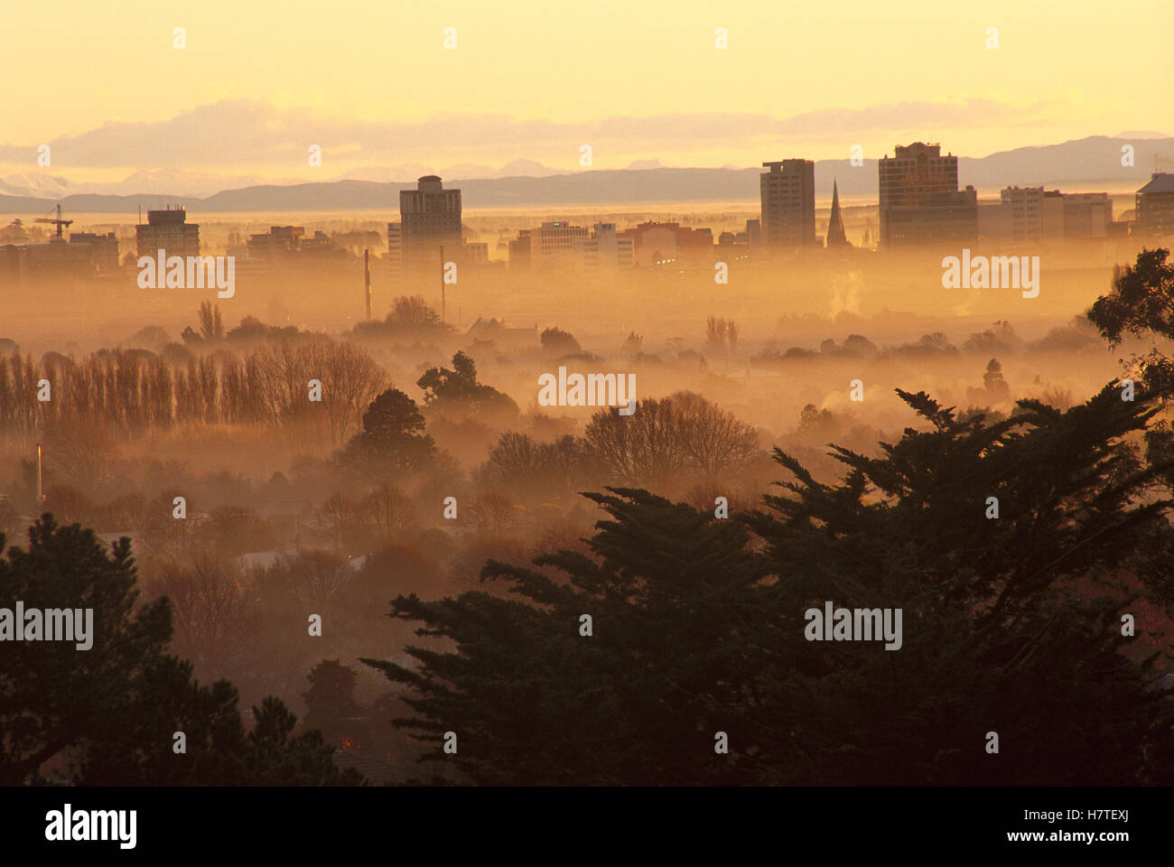 Winter smog over the city of Christchurch caused by an inversion layer ...