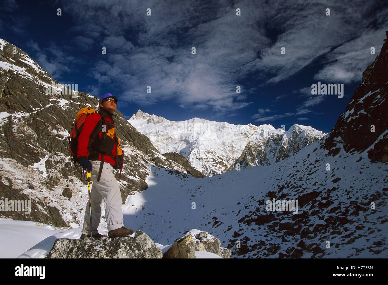 Trekker beneath Kangchenjunga, Talung face from Dzong Ri, 8585 meters ...
