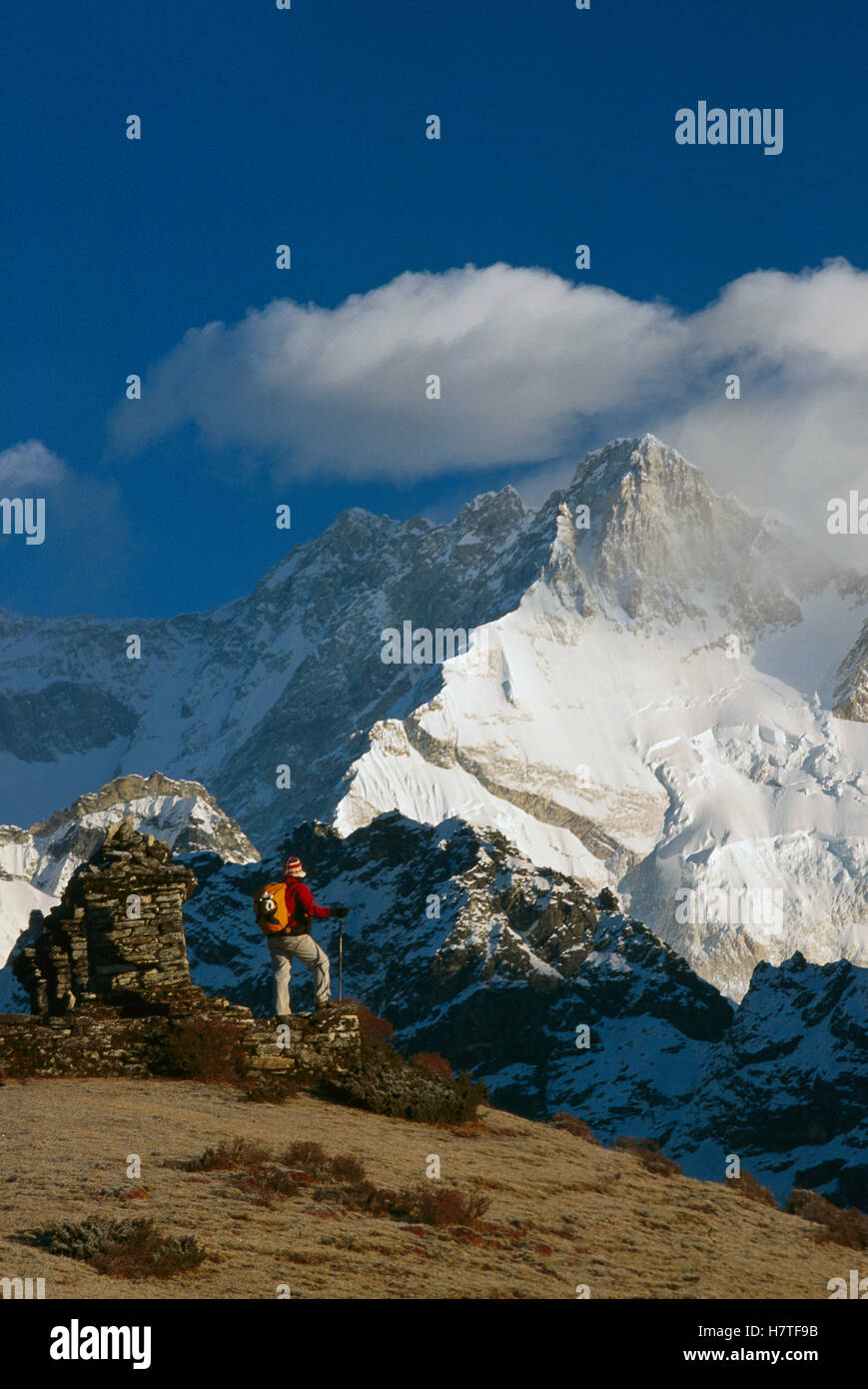 Trekker beneath Kangchenjunga, Talung face from Dzong Ri, 8585 meters ...