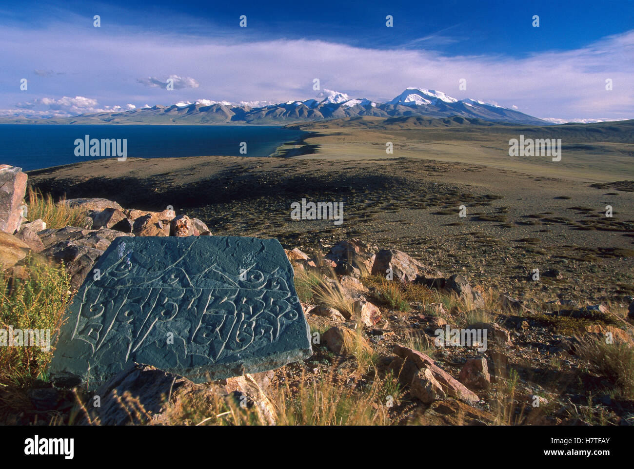 Mani stone and Gurla Mandhata from Chiu monastery, Lake Manosarovar ...