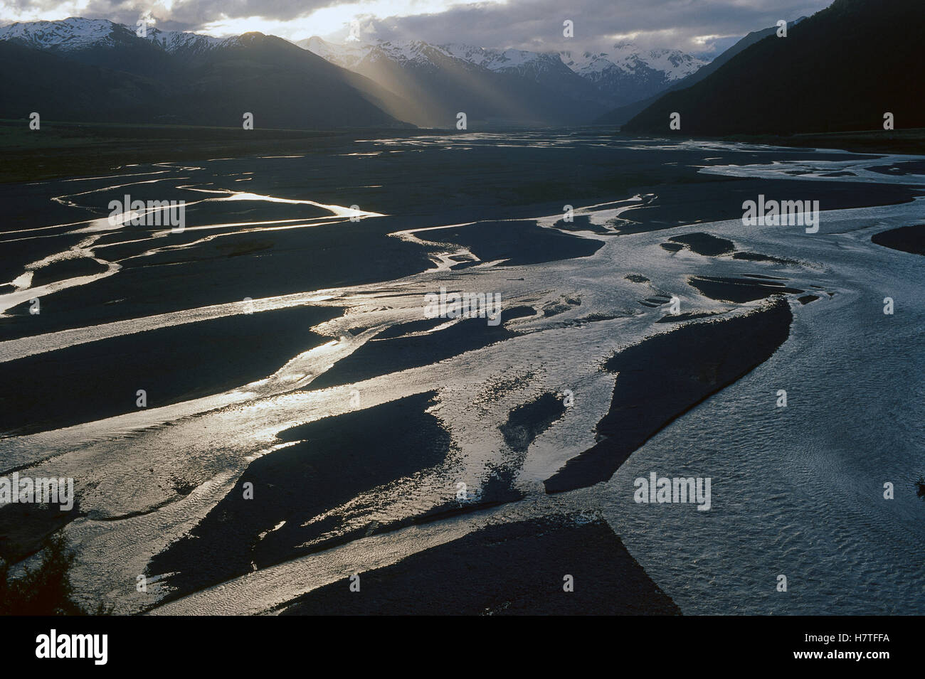 Waimakariri River showing braided streams, Canterbury, New Zealand ...