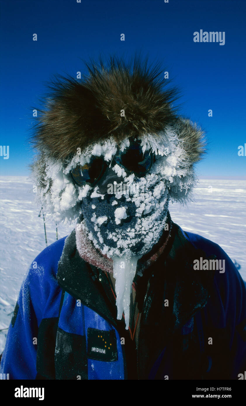 Jon Muir iced-up face on trek to South Pole, Antarctica Stock Photo - Alamy