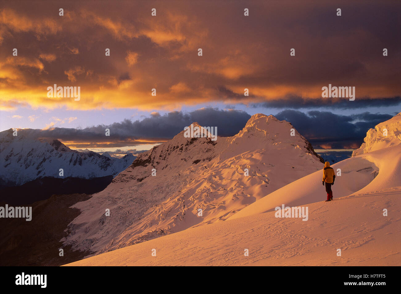 Hiker at sunset on Chinchey Massif, Cordillera Blanca, Peru Stock Photo ...
