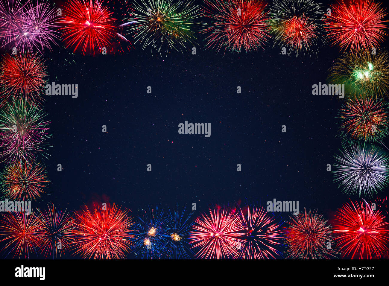 Amazing celebration sparkling fireworks over starry sky frame ...