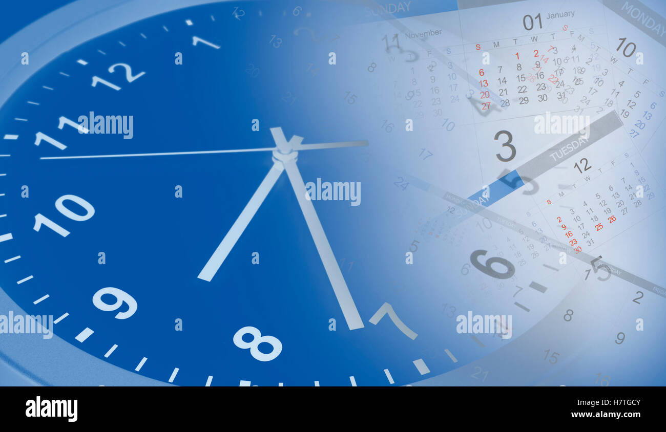 Clock face and calendars composite Stock Photo - Alamy