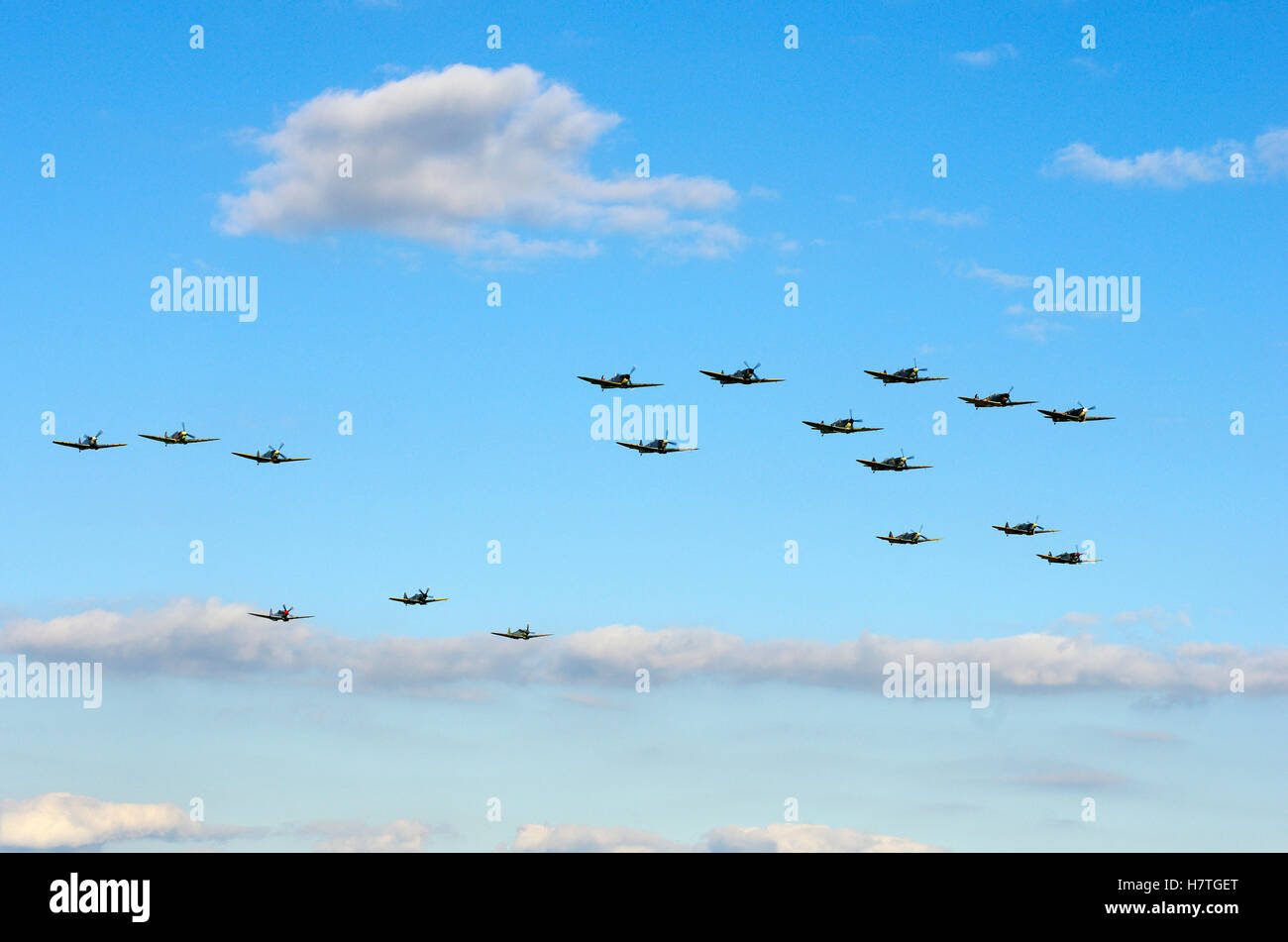 17 Spitfire Aircraft in Formation, Duxford Air show Stock Photo - Alamy