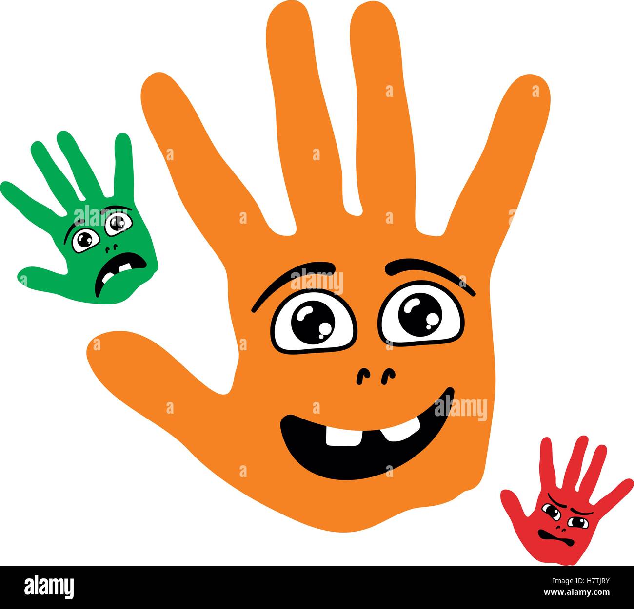 Cartoon smiling palm hands with happy, sad and angry faces. Vector ...