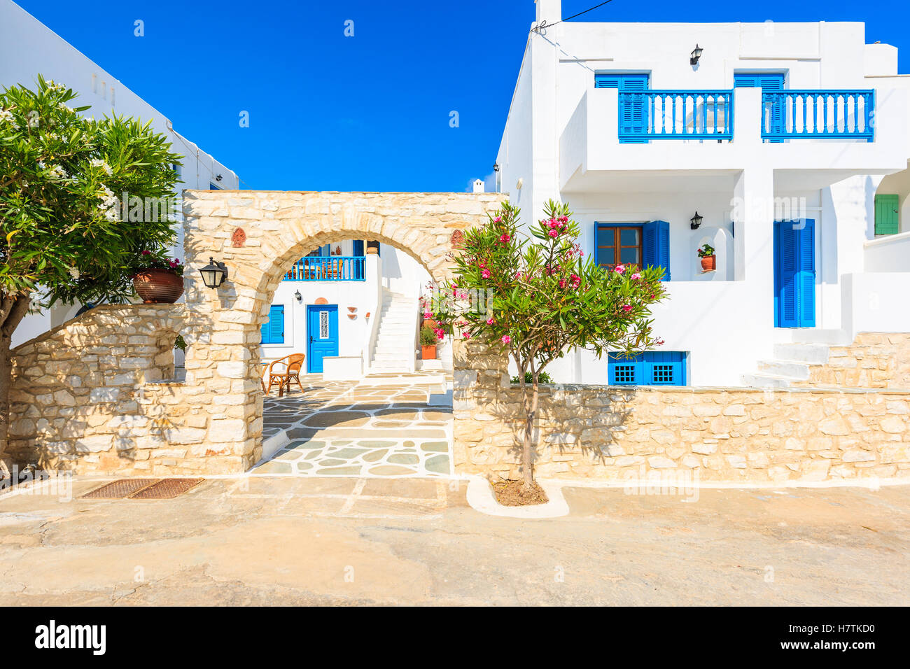 Entrance gate to typical Greek style apartment complex in Naoussa town ...