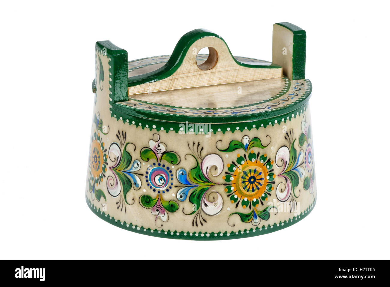 Russian national handmade wooden container on an isolated studio ...