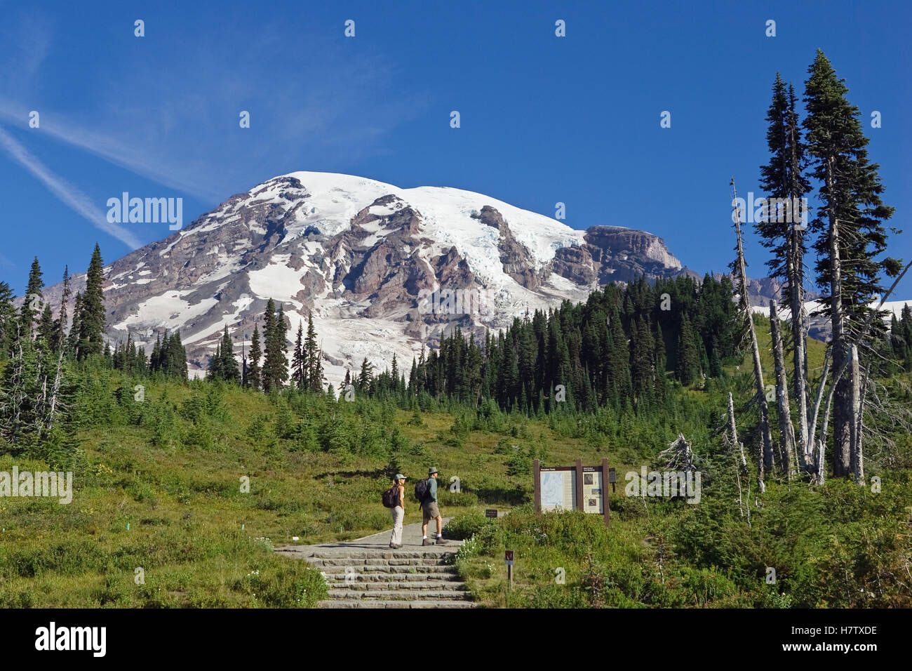 Tourists and Mount Rainier, Mount Rainier National Park, Washington ...