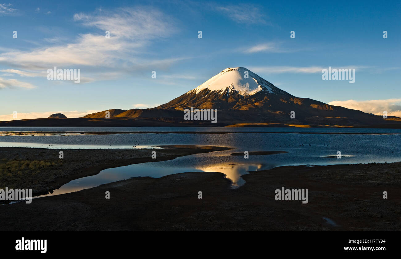 Sunset over the Parinacota Volcano and Chungara Lake, Lauca National ...