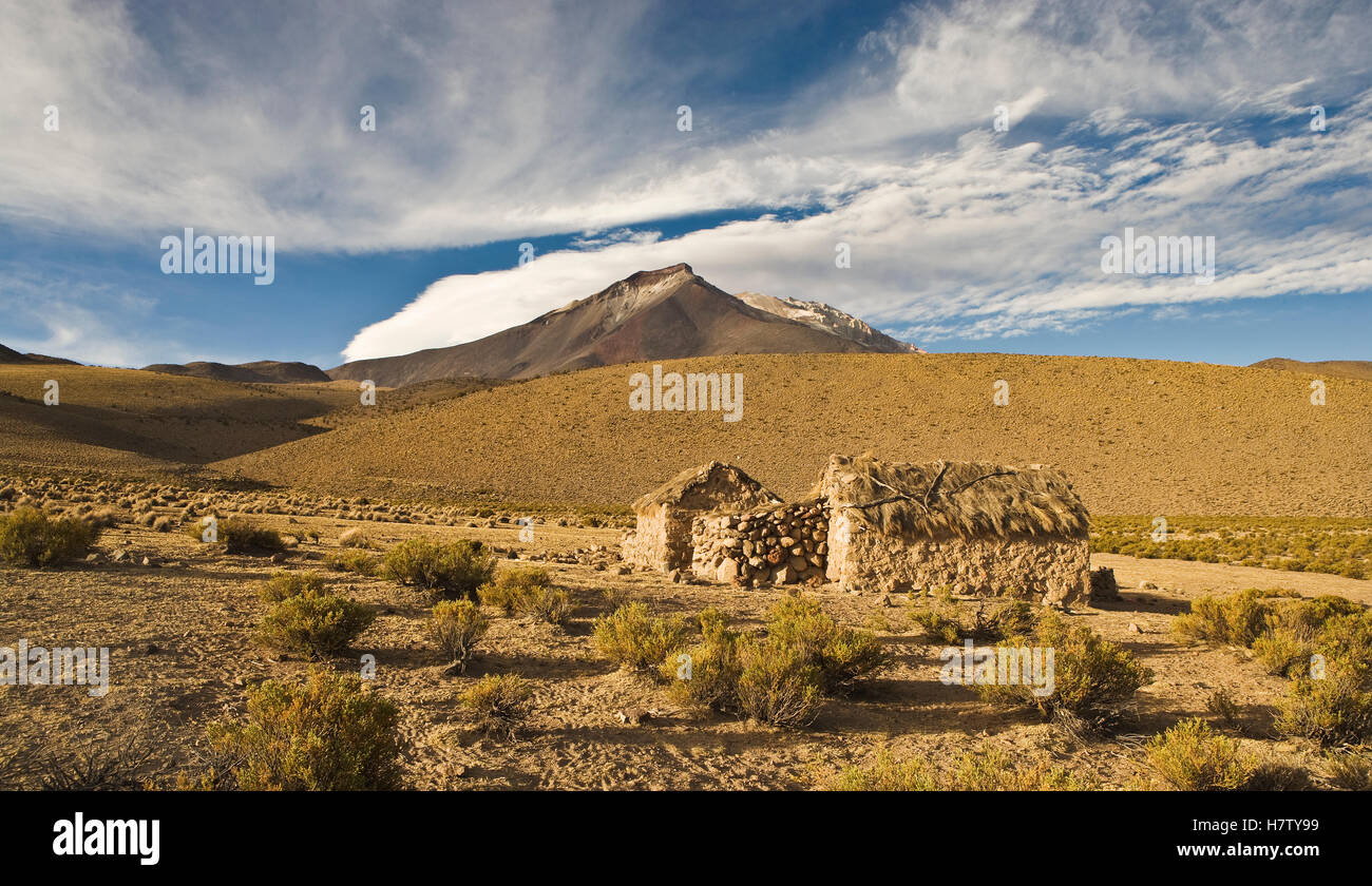 Secluded shacks near salt lake high in the Andes, Salar de Surire ...