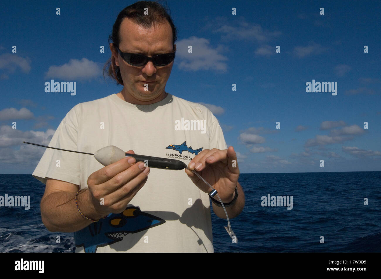 Researcher James Ketchum with satellite tag for tagging shark, Wolf ...