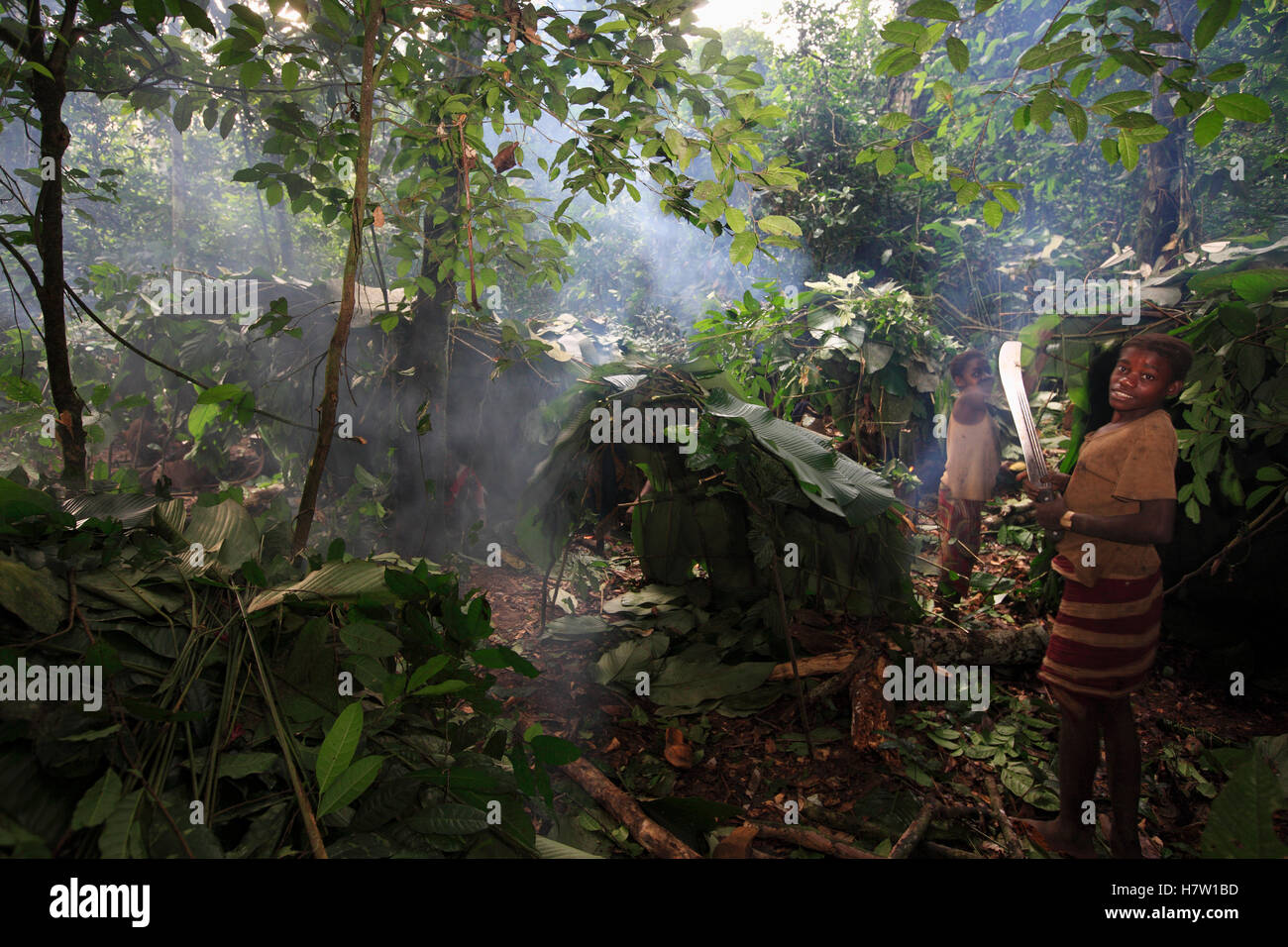 Baka tribe hunting camp with a tribe member holding a knife, Cameroon ...