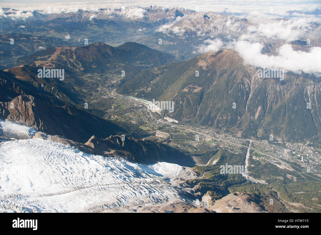 Bossons Glacier and the Arve valley as viewed from the Aiguille du Midi ...