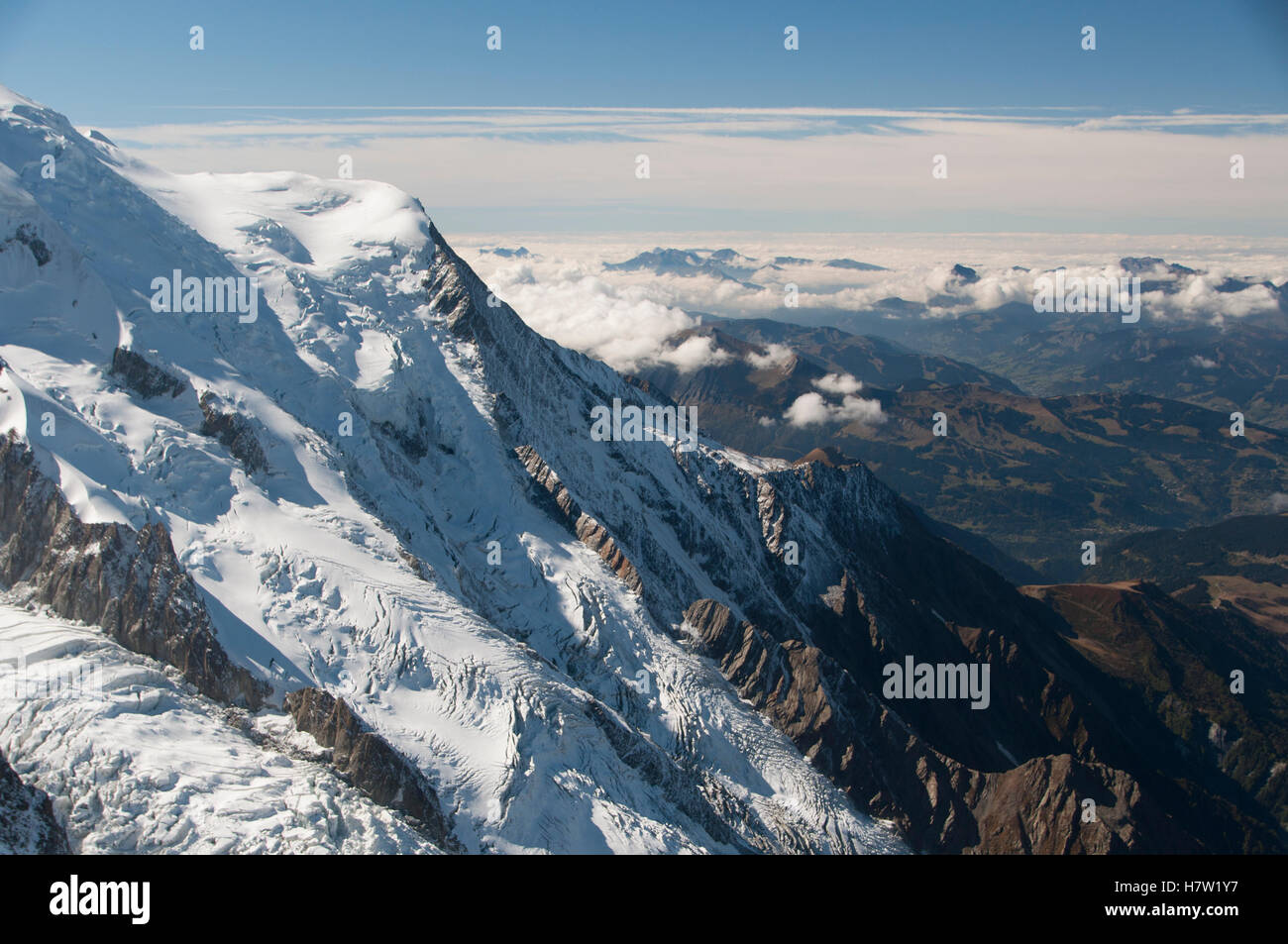 Bossons Glacier and the Arve valley as viewed from the Aiguille du Midi ...