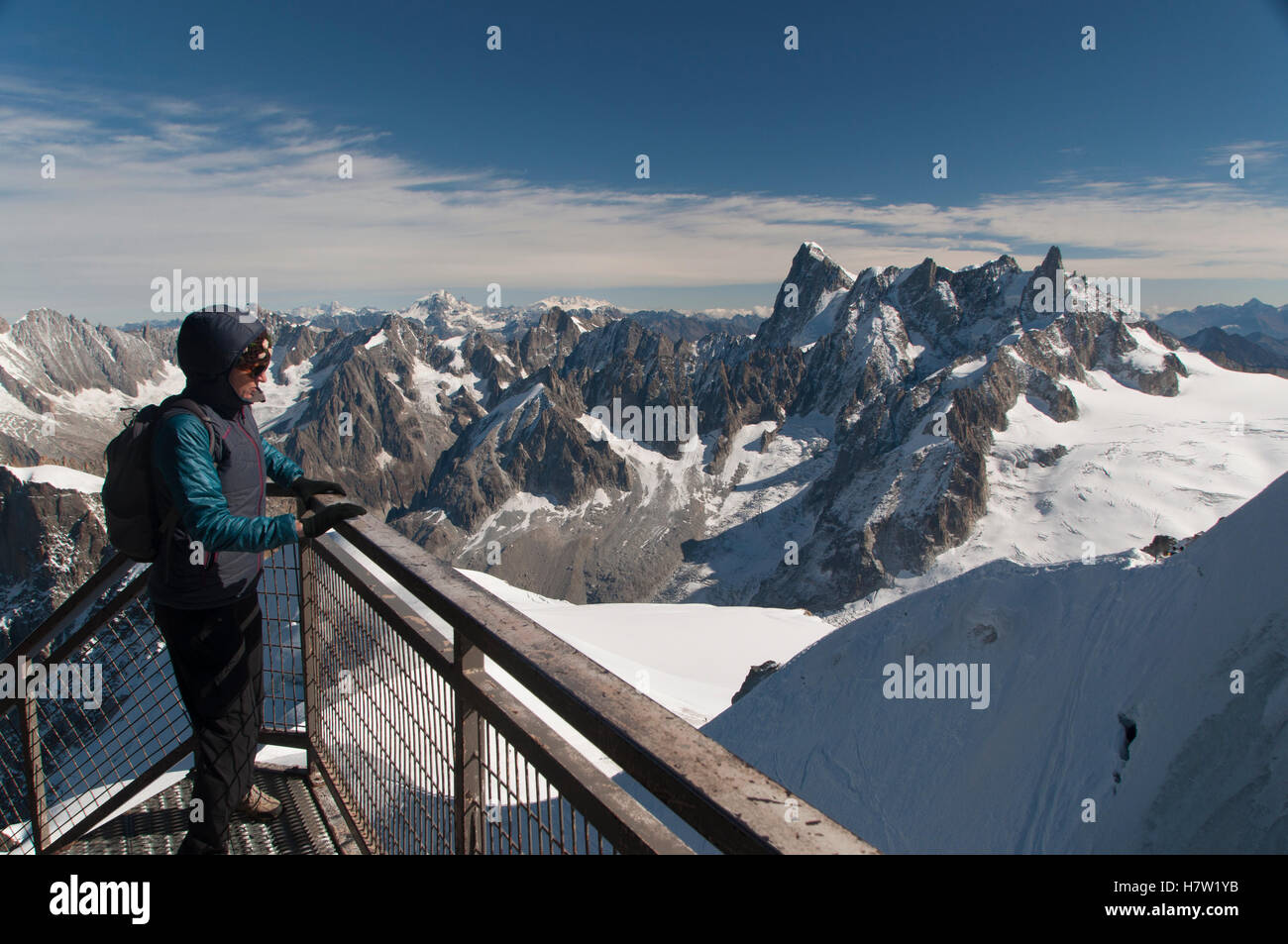 Woman on Aiguille du Midi viewing platform, Chamonix-Mont-Blanc, France ...
