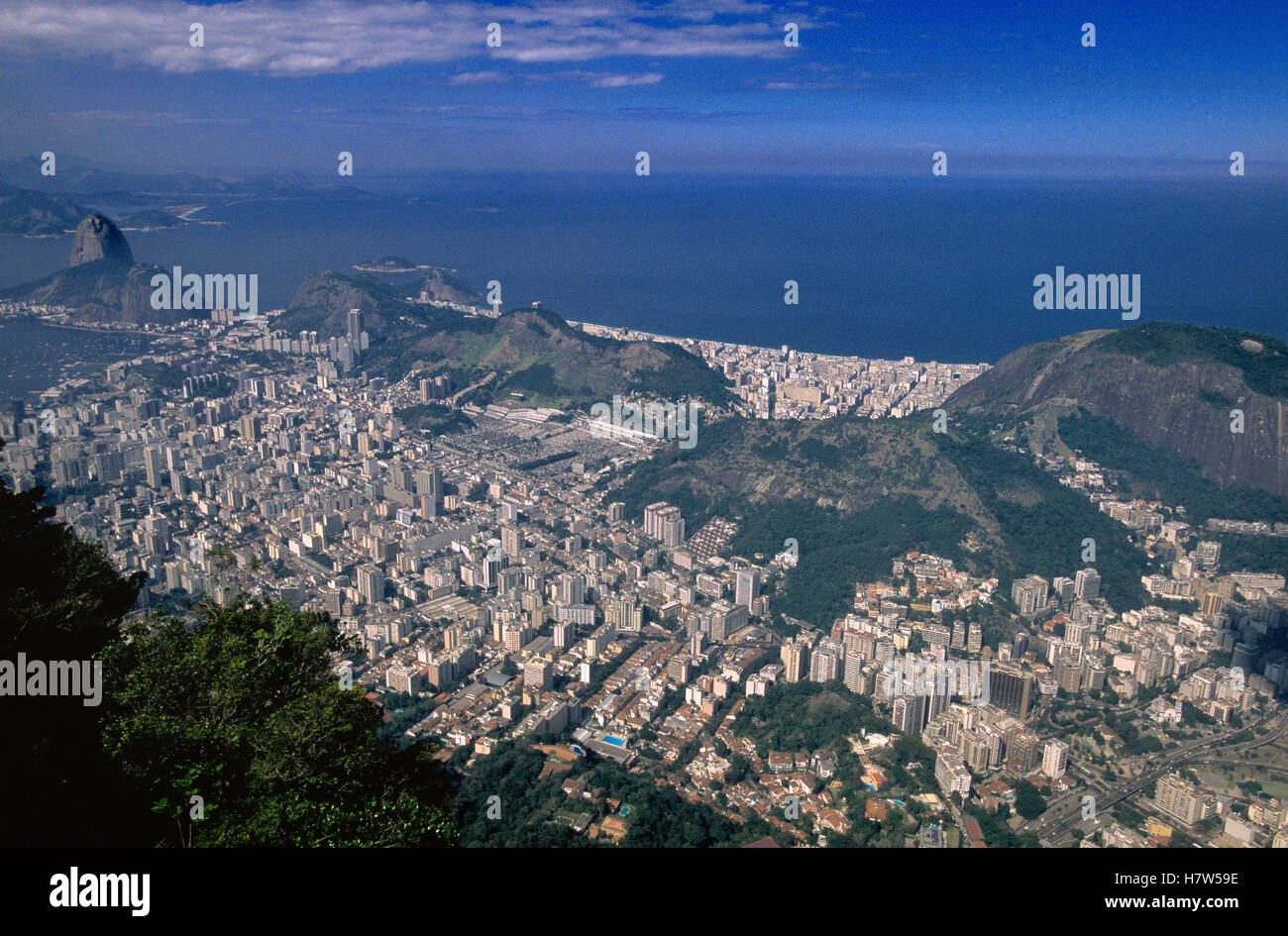 Aerial view of Rio de Janeiro showing Sugarloaf to the left, Brazil ...