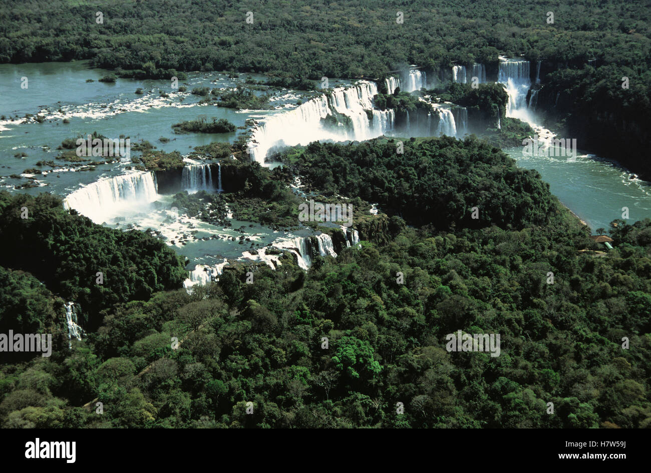 Aerial view over the Iguacu Falls, one of the world's largest ...