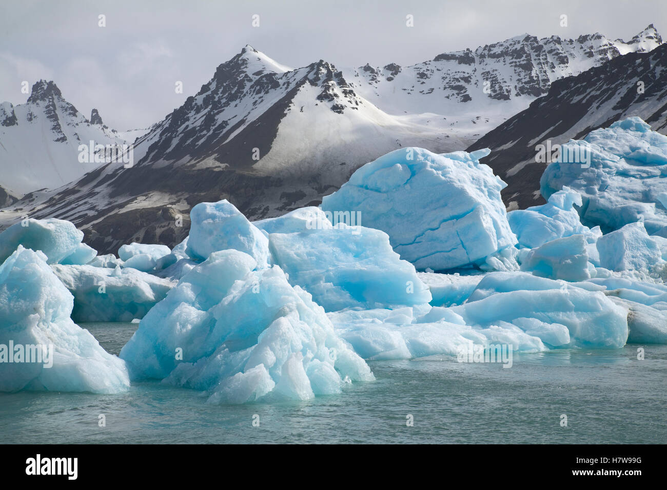 Blue iceberg and ice floes floating in sea near Neumayer Glacier, South ...