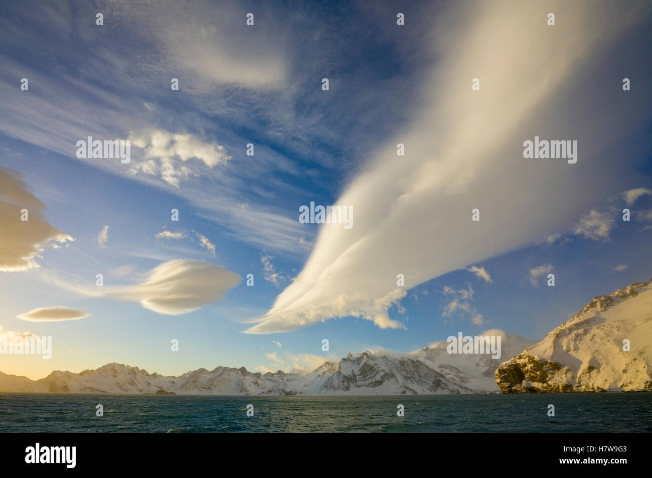 Dramatic lenticular clouds lit by rising sun, Moltke Harbor, South ...