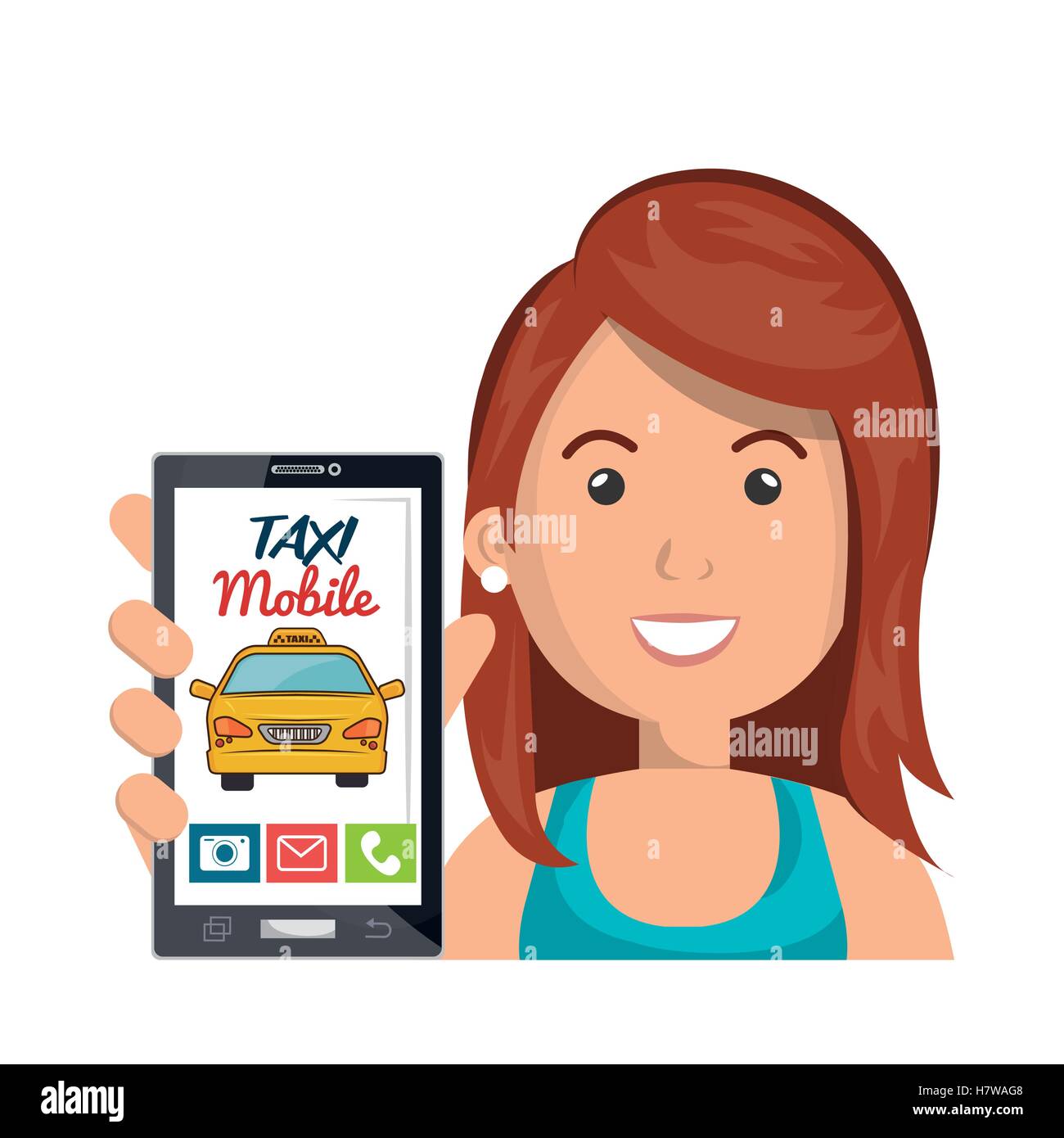 pretty woman cartoon hold mobile app taxi service vector illustration ...